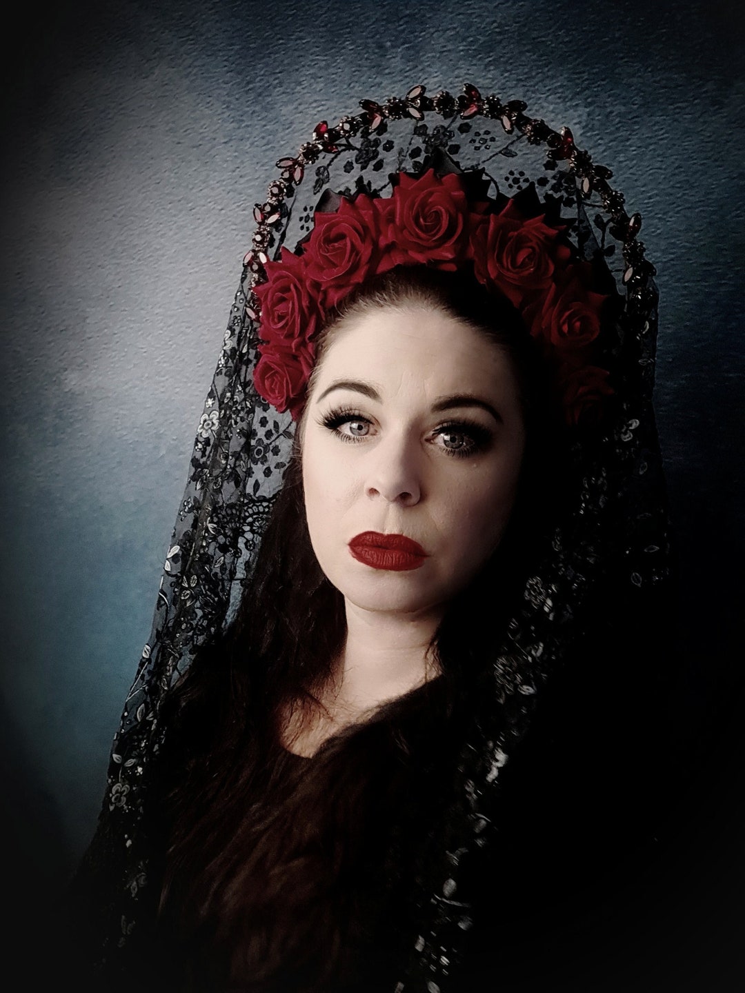 Gothic Bride Headpiece. Vampire Queen Crown. Red Rose and Black Veil ...
