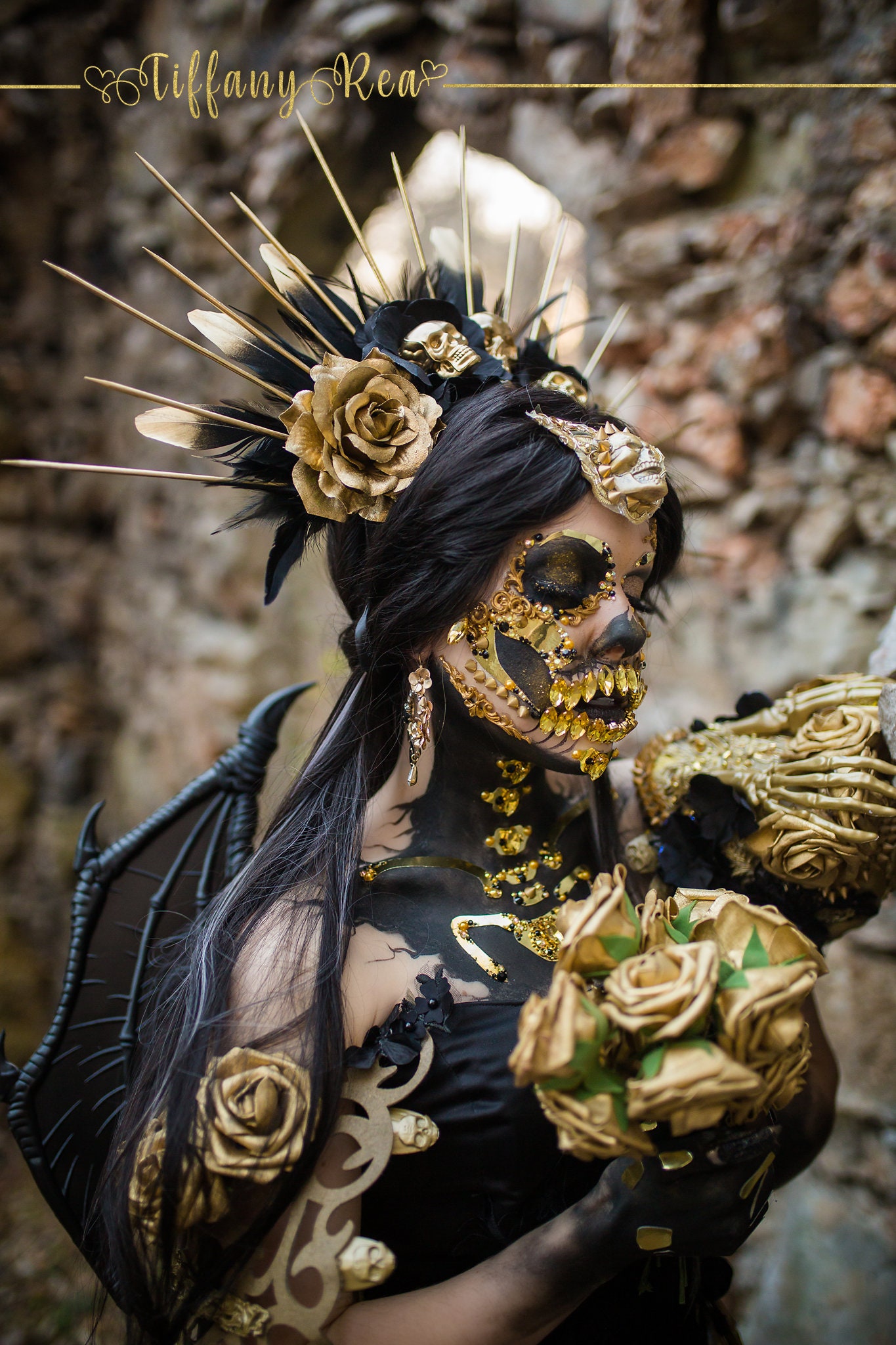 Gold Voodoo Spiked Halo Headdress. Evil Queen Crown With Skulls. Gold ...