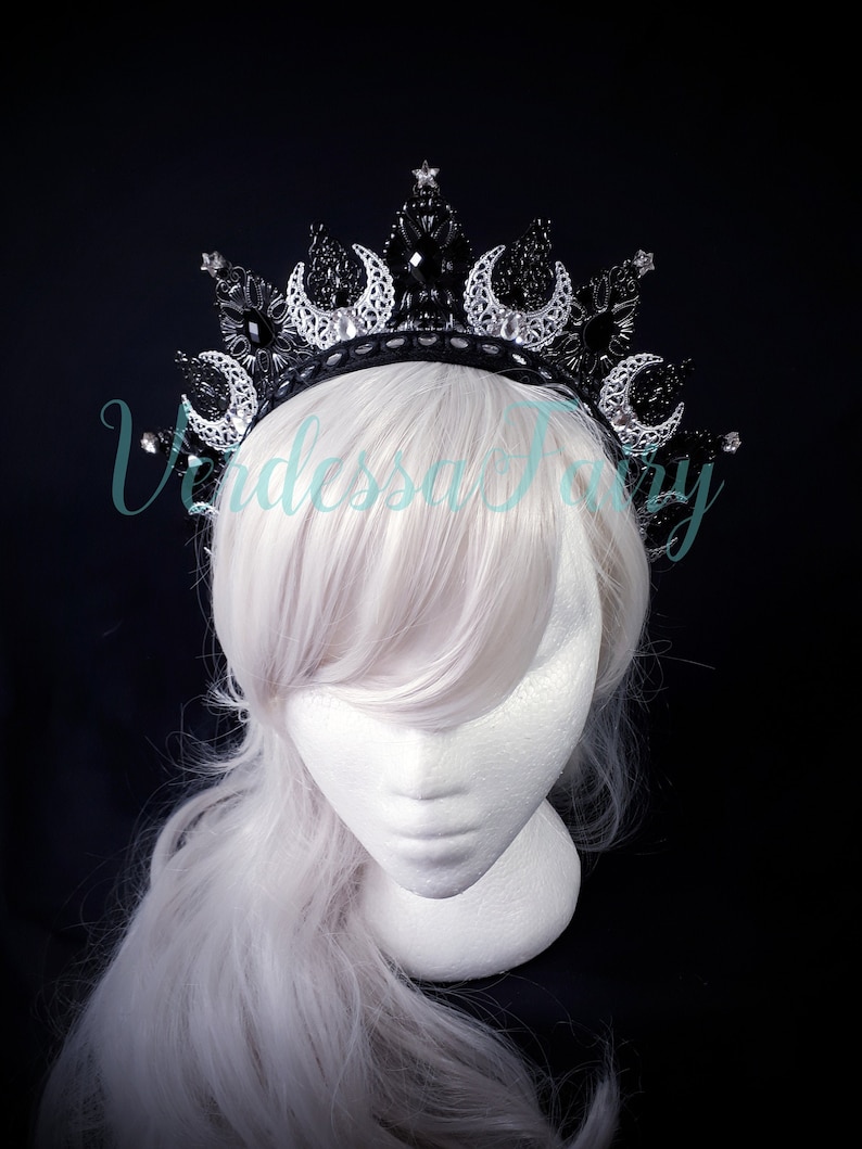Moon Goddess Crown. Stars and Moon Tiara. Gothic Black and Silver Crown ...