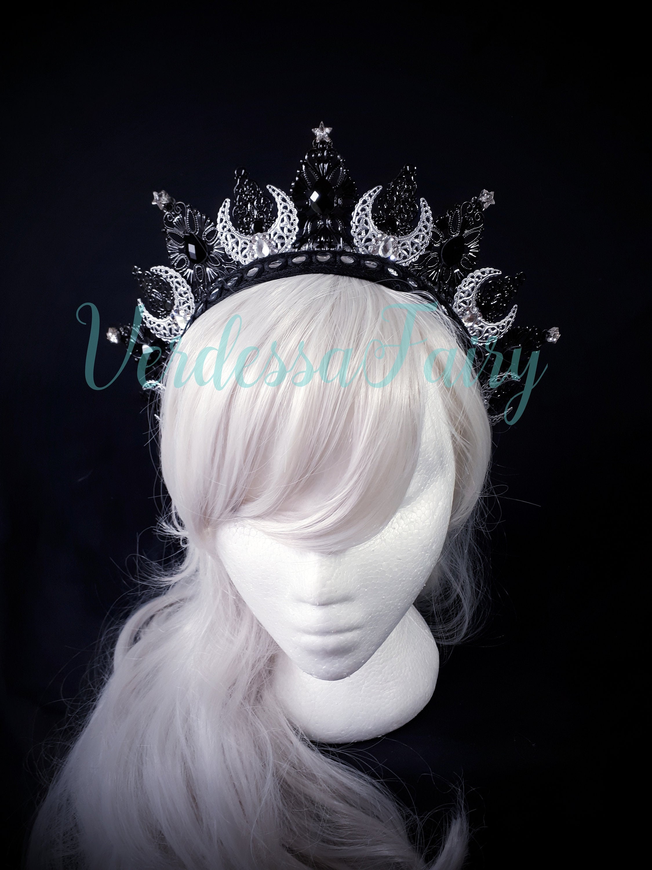 Moon Goddess Crown. Stars and Moon Tiara. Gothic Black and Silver Crown ...