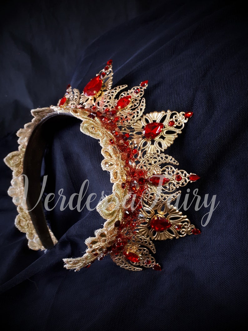 Gold and Red Queen Tiara Crown. Gold Filigree Metal Lace Tiara. Gold ...