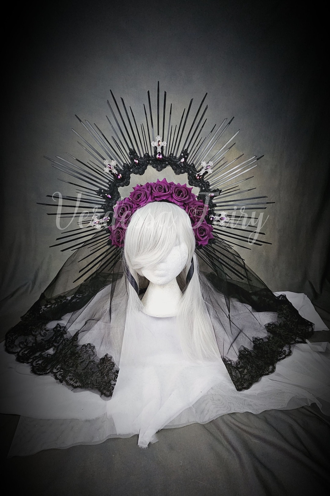 Gothic Bride Spiked Halo Crown With Veil. Magenta Purple Rose Halo ...