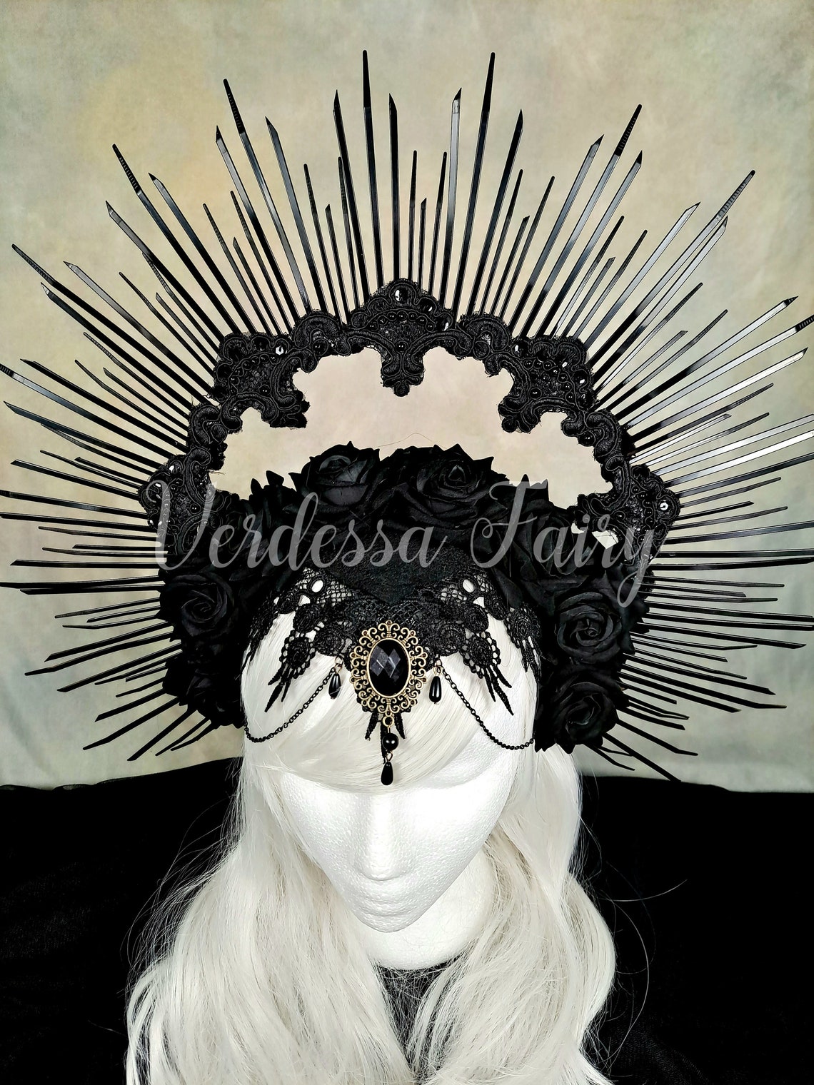 Gothic spiked halo crown with lace. Black rose elevated halo | Etsy