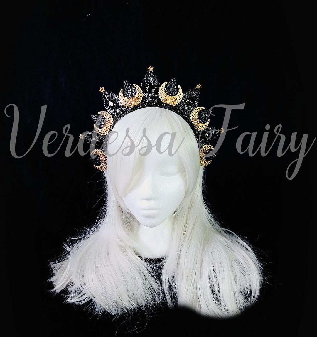 Moon Goddess Crown. Stars and Moon Tiara. Gothic Black and Gold Crown ...