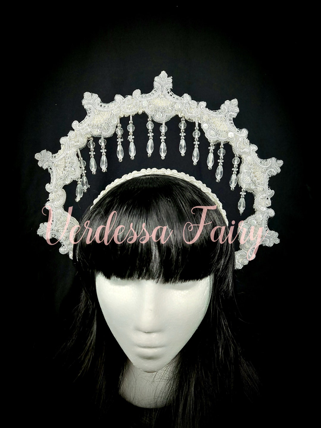 Winter Crown. Lace Halo Crown With Beads. White Elevated Halo Headpiece With Beaded Fringe ...