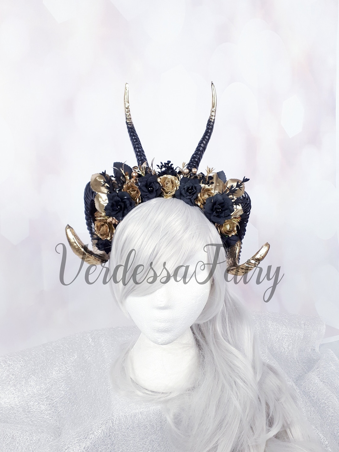 Double Horns Headdress. Black and Gold Horned Goddess Headpiece. Ram ...