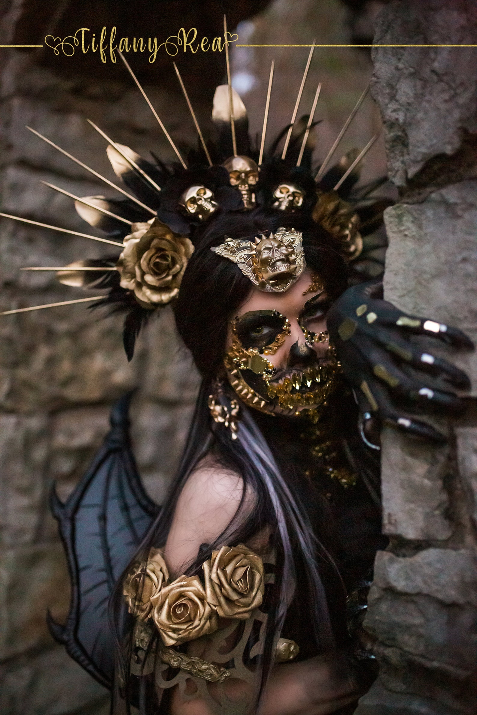 Gold Voodoo Spiked Halo Headdress. Evil Queen Crown With Skulls. Gold ...
