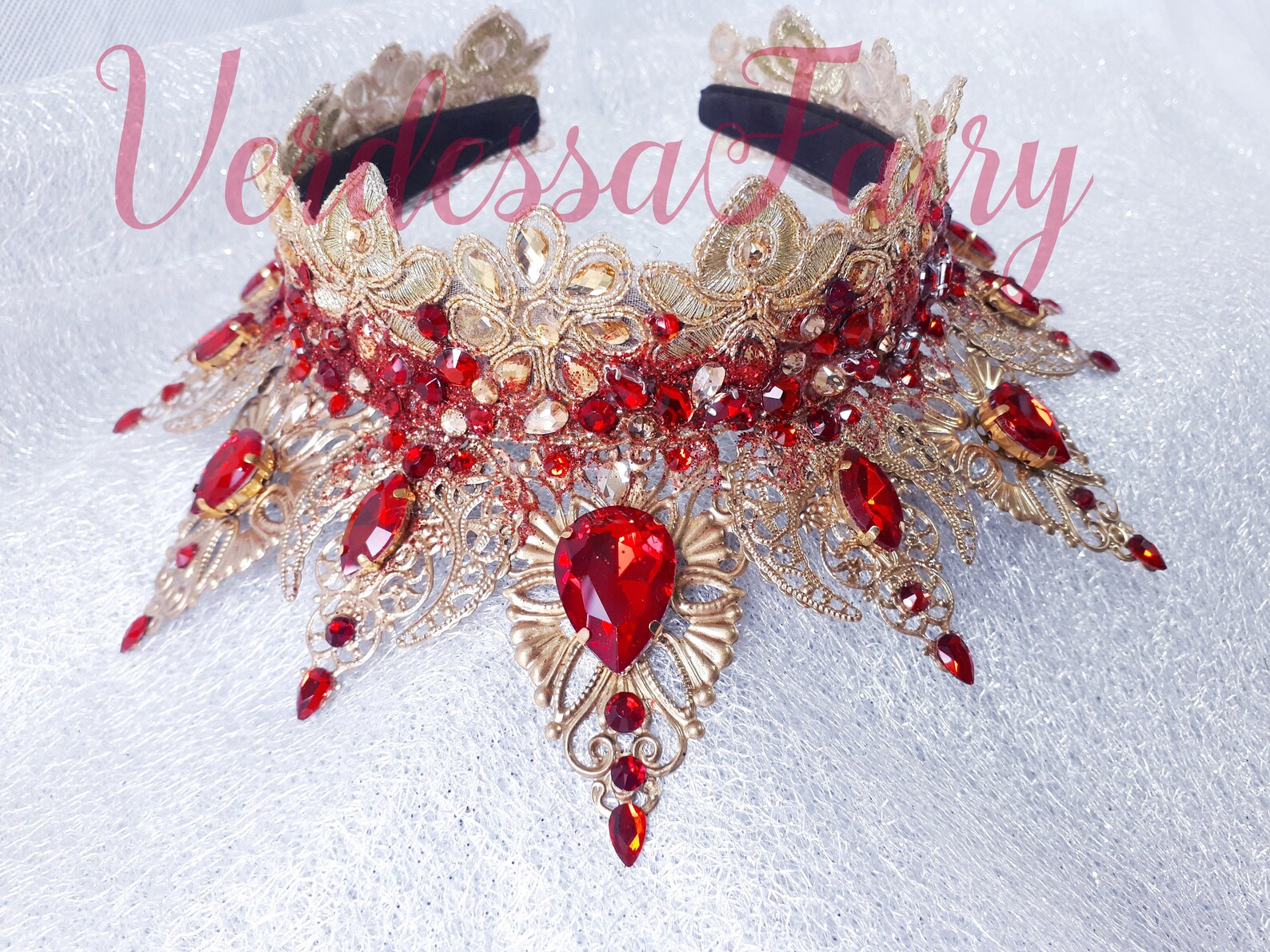 Gold and Red Queen Tiara Crown. Gold Filigree Metal Lace Tiara. Gold ...