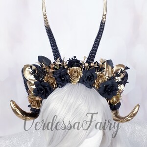 Double Horns Headdress. Black and Gold Horned Goddess Headpiece. Ram ...
