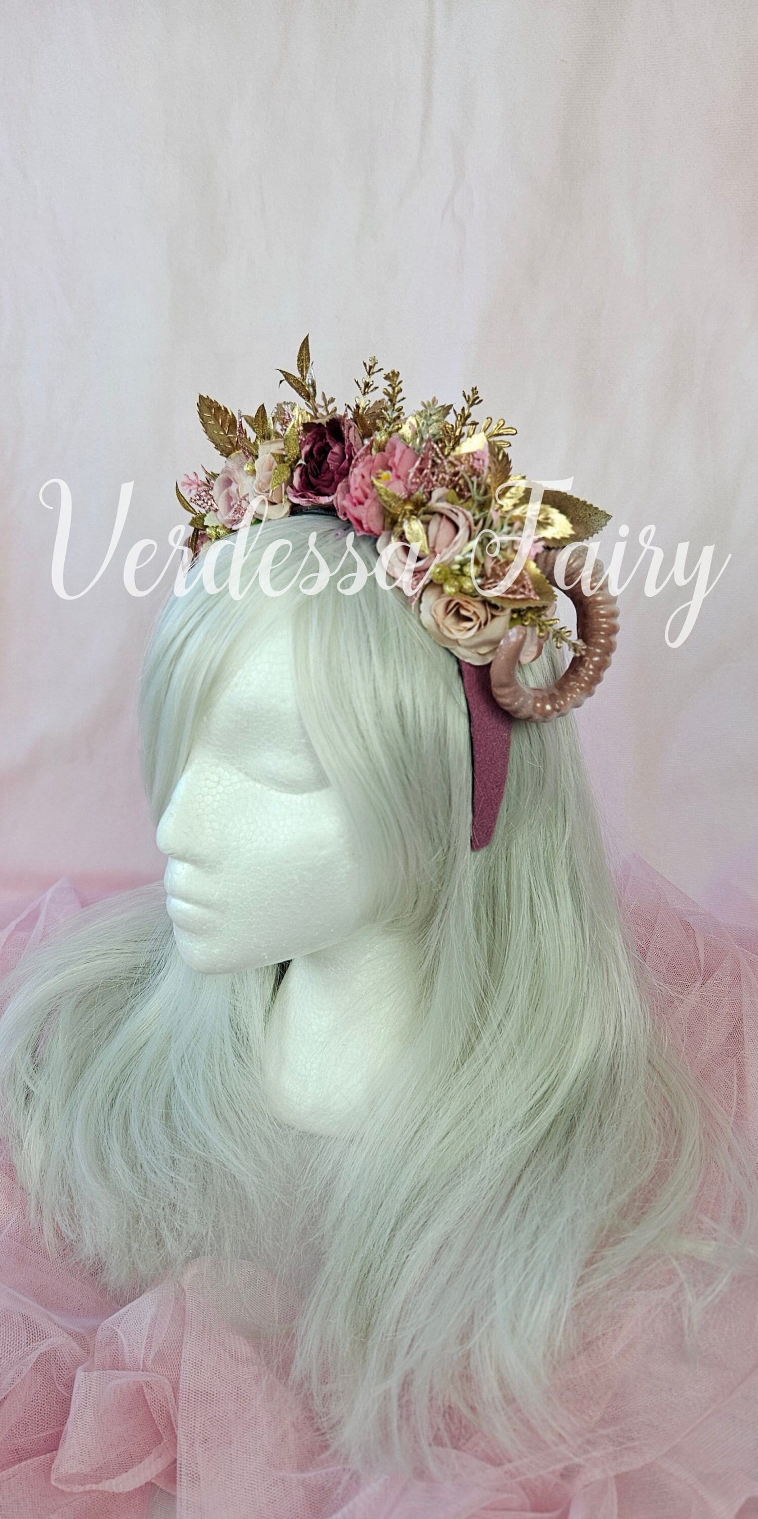 Dusty Pink Ram Horns Headpiece, Floral Fairy Crown, Fantasy Costume - Etsy