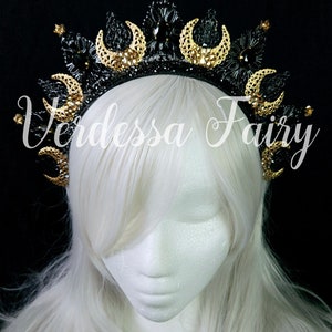 Moon Goddess Crown. Stars and Moon Tiara. Gothic Black and Gold Crown ...