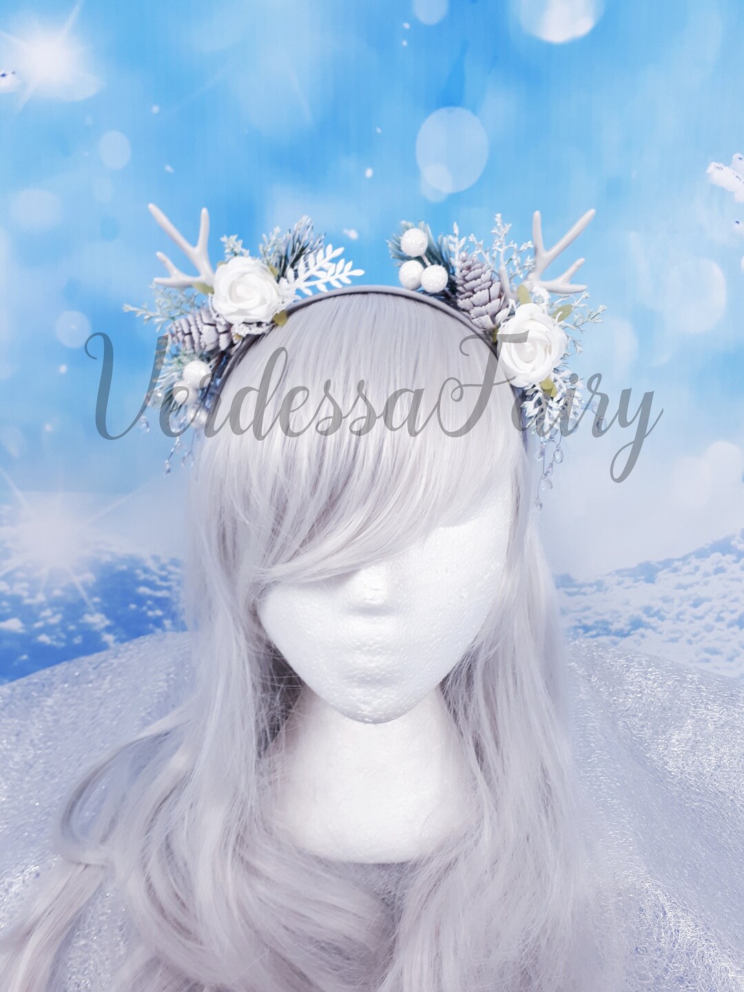 White Christmas Deer Horns Headband. Deer Antlers Flower Crown ...