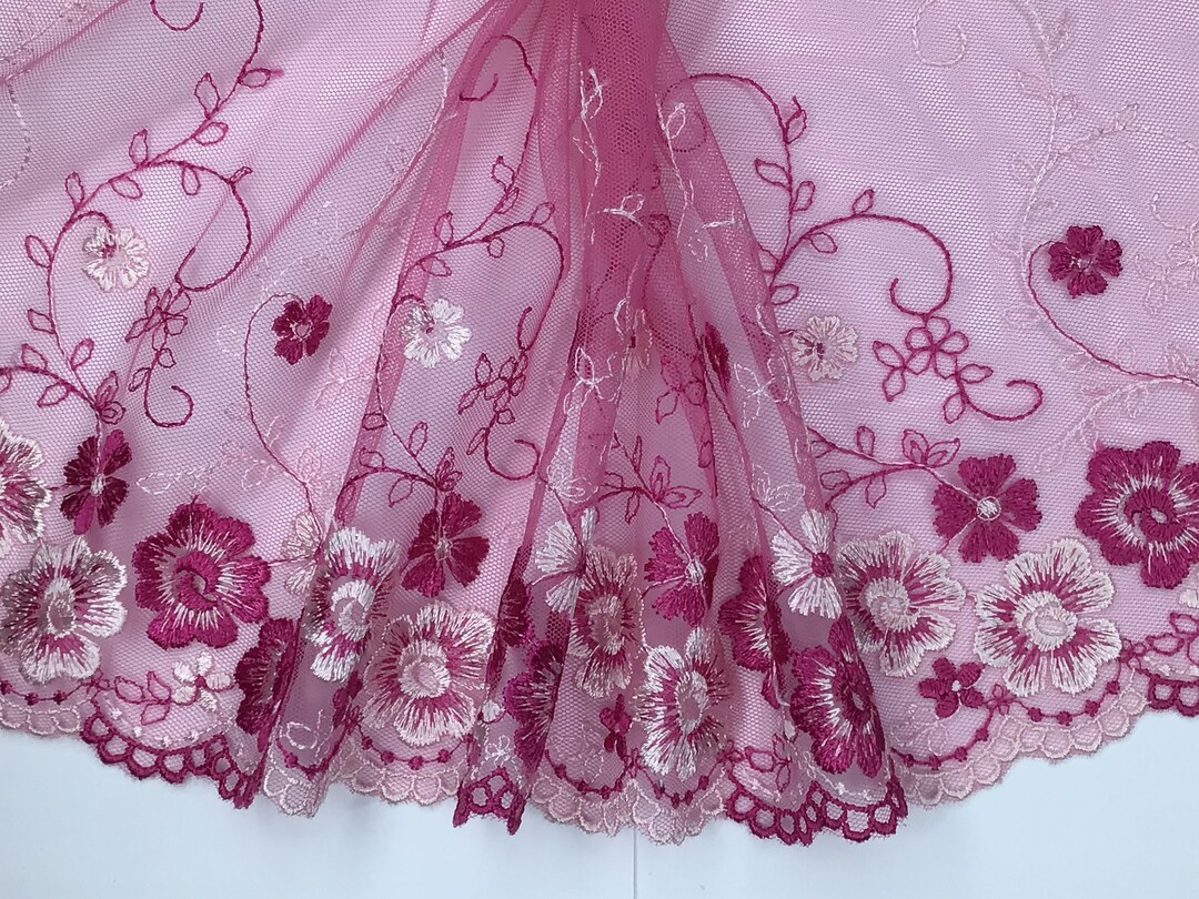 2 METRES Pretty Deep Pink Floral Design Wide Embroidered Tulle Lace ...