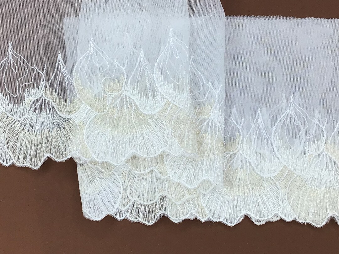 3 METRES Pretty Pale Ivory and Cream Embroidered Tulle Lace Trim 5/12cm ...