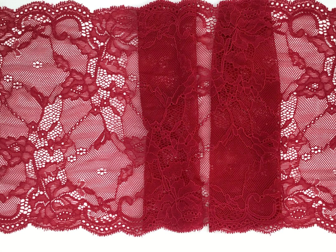 Pretty Deep Red Dainty Floral Design Wide Stretch Lace Trim 9.5”/24cm ...