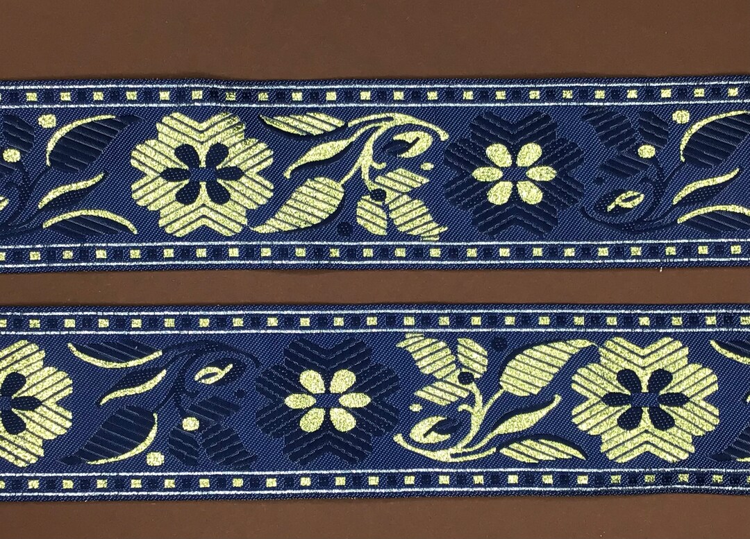 3 METRES Prussian Blue and Gold Floral Design Jacquard Woven Ribbon ...