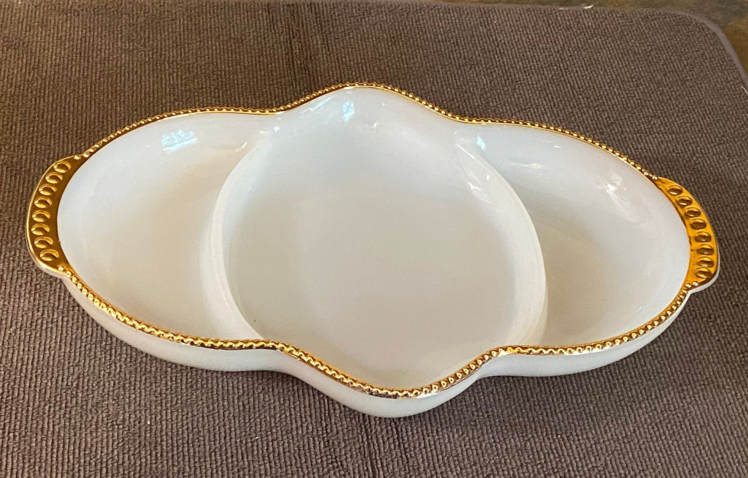 Vintage Fire King Oven Ware Milk Glass-3 Sections Baking Dish With Gold ...