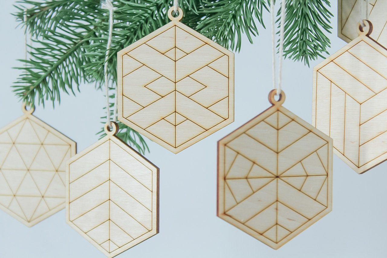 Set of 6 Geometric Christmas Ornaments Wood Xmas Decorations | Etsy