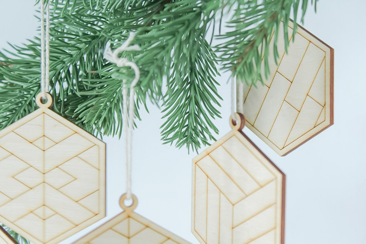 Set of 6 Geometric Christmas Ornaments Wood Xmas Decorations | Etsy