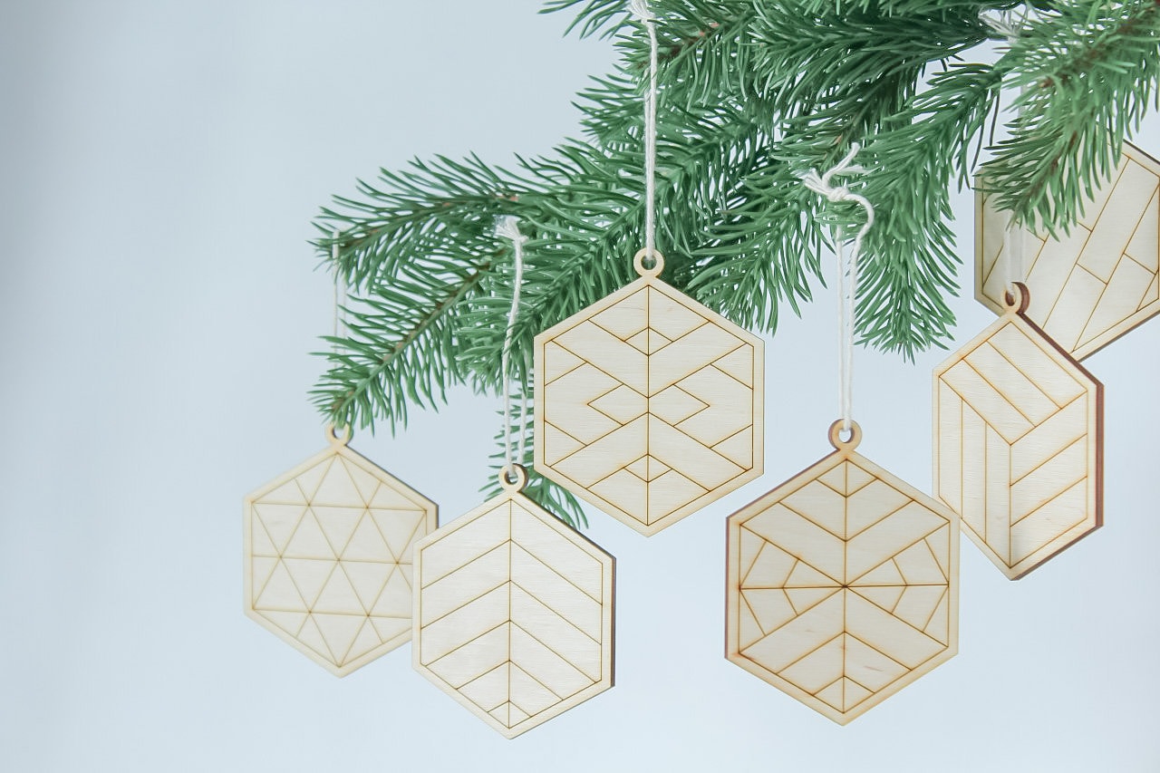 Set of 6 Geometric Christmas Ornaments Wood Xmas Decorations | Etsy