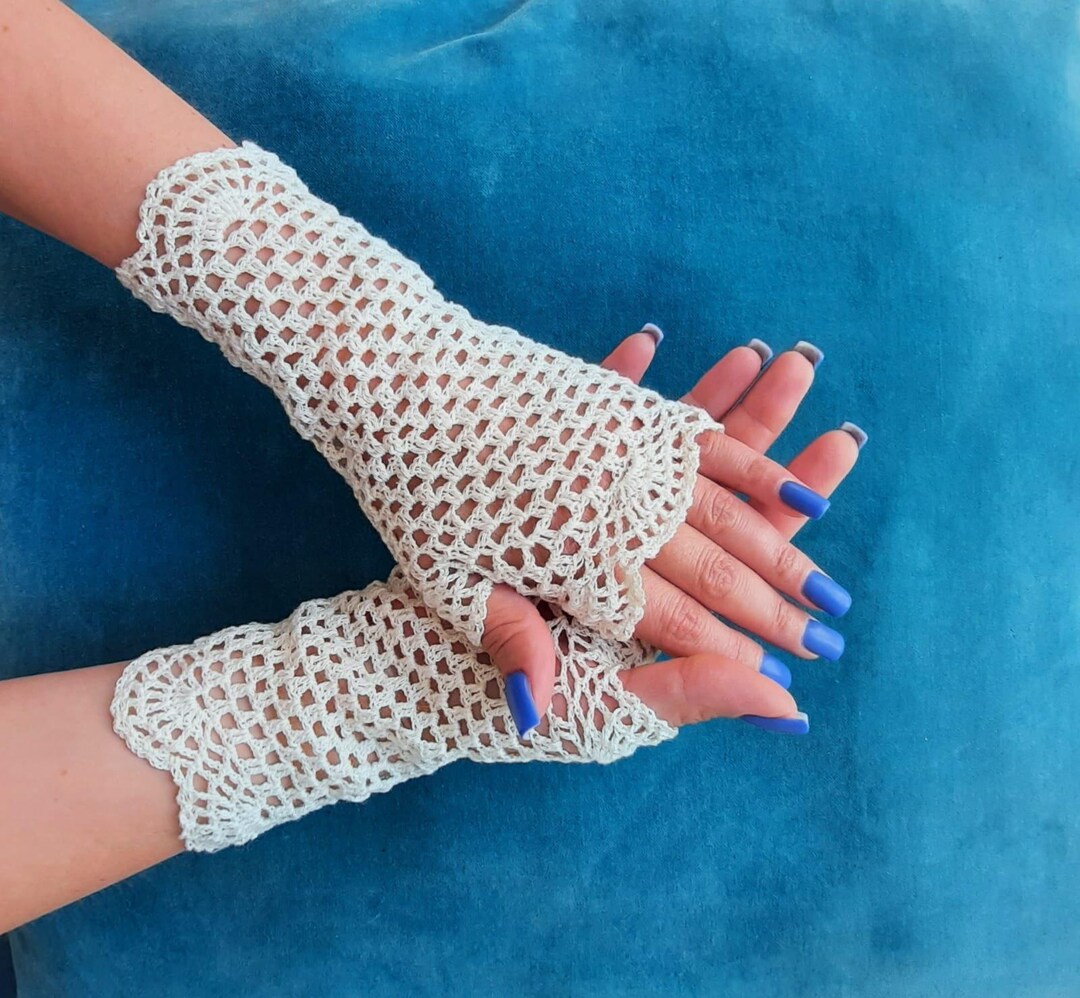 Bridal Gloves, Ivory Knitted Mittens, Cotton Fingerless Gloves, Crochet ...