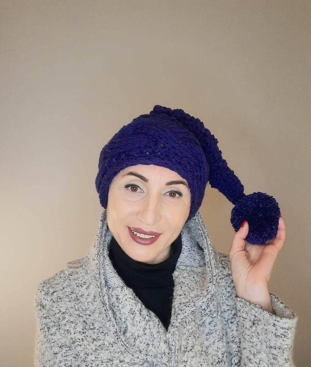 Purple Stocking Hat. Elven Hat. Long Pointed Hat With Pop-on. Chunky ...