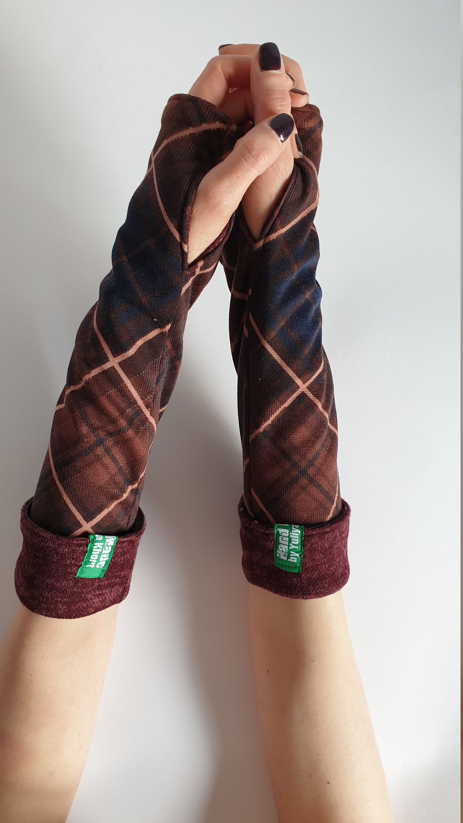 Checkered fingerless gloves Brownblack beige color in a | Etsy