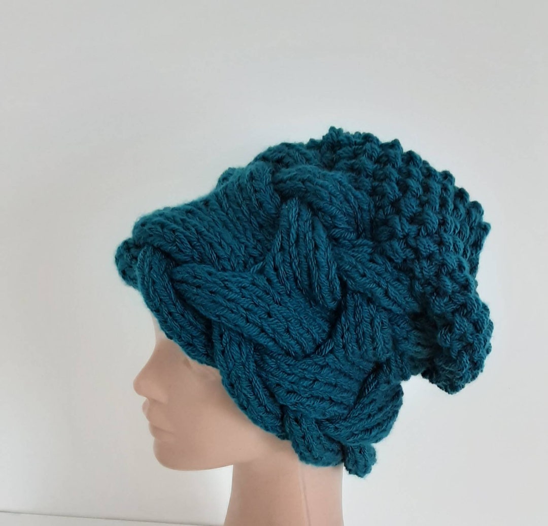 Emerald green knitted Kubanka hat with a voluminous braid Stylish ...