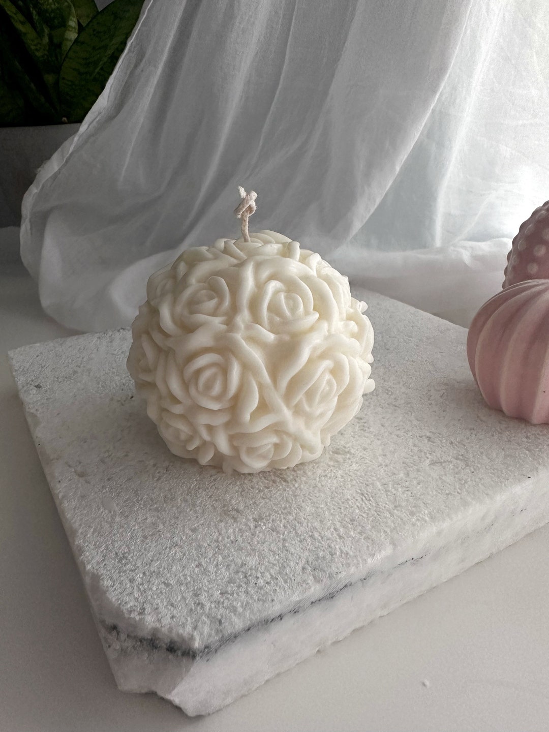 Red Rose Ball Bouquet, Large Pillar Scented Candle, Home Office Decor ...