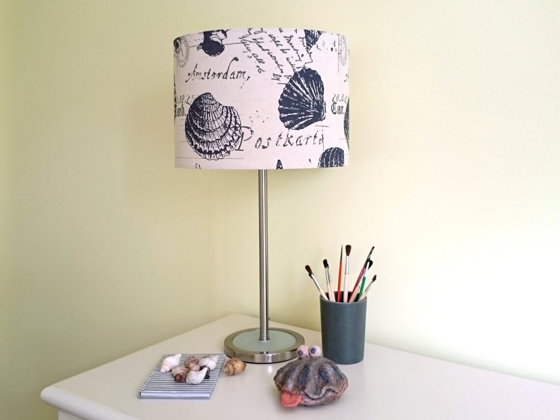 Nautical Beach Lamp Shade, Navy Blue Seashells Lampshade, Vintage Grey ...