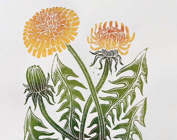 Dandelion Bloom Color Linocut Print | Taraxacum Art Block Print ...