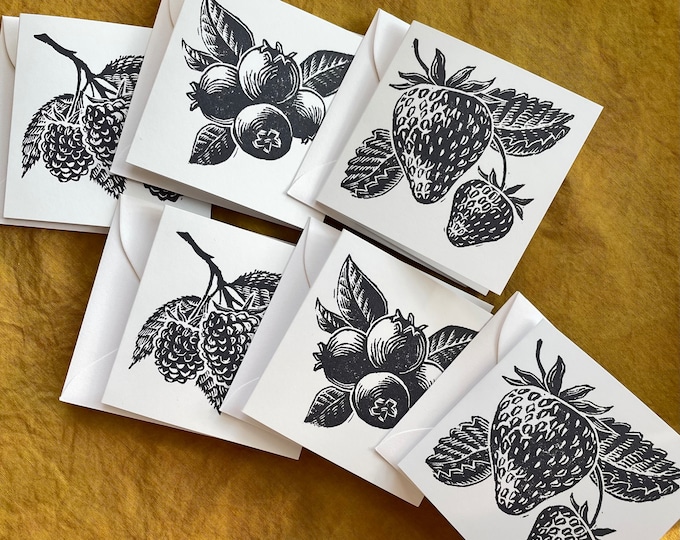 Berries Linocut Mini Card Set of 6 Strawberries Raspberries Blueberries ...