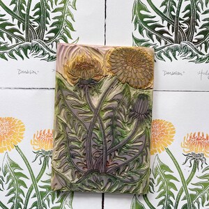 Dandelion Bloom Color Linocut Print | Taraxacum Art Block Print ...