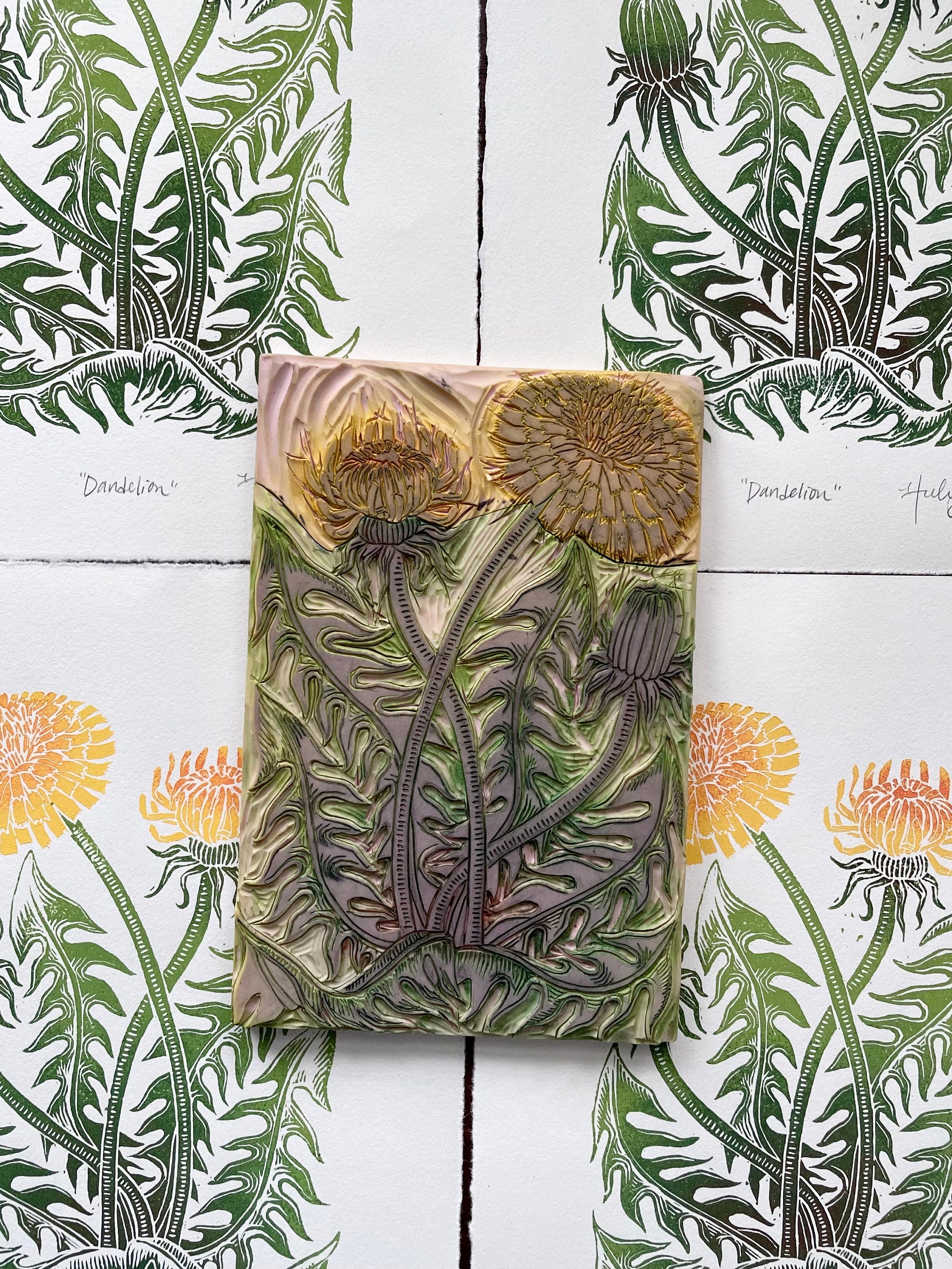 Dandelion Bloom Color Linocut Print | Taraxacum Art Block Print ...