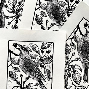 Cedar Waxwing & Serviceberry Original Linocut Print | Bird Art Print ...