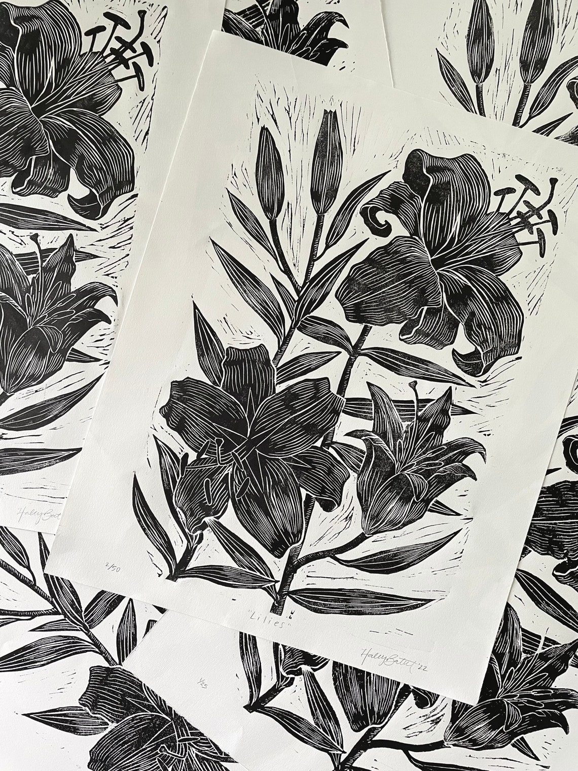 Lilies 16x20 Black and White Linocut Print Floral Wall Art B&W ...