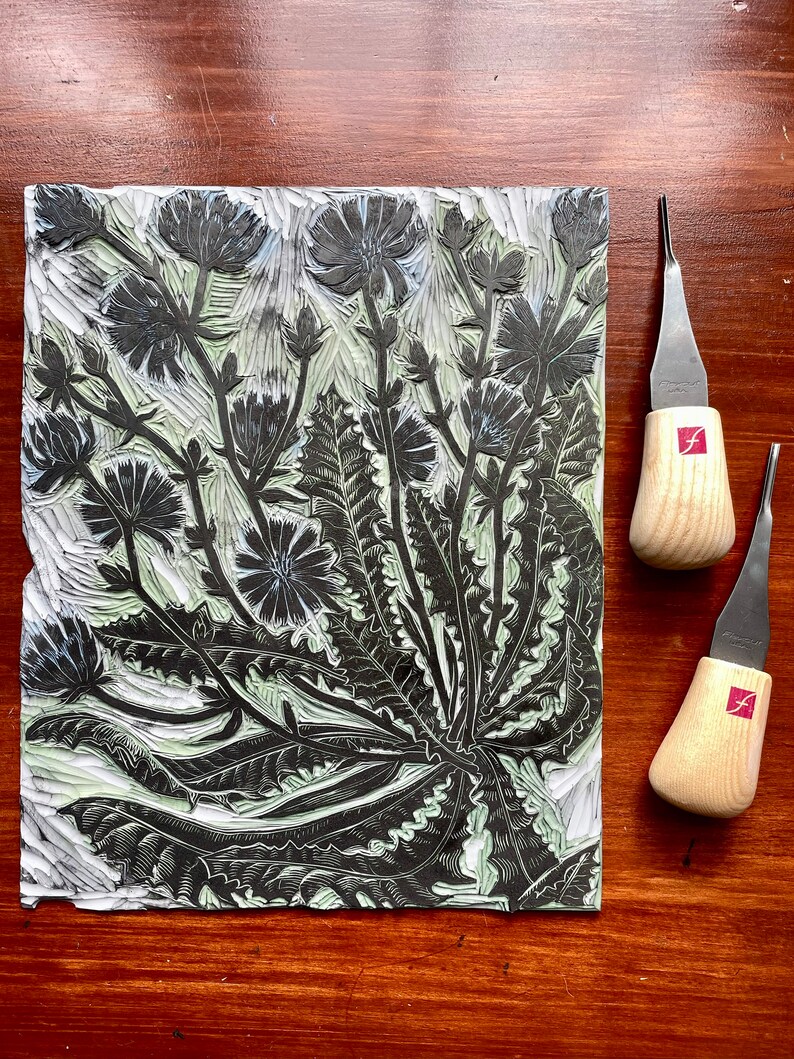 Color Chicory Wildflower Original Linocut Print Blue Flower Botanical ...