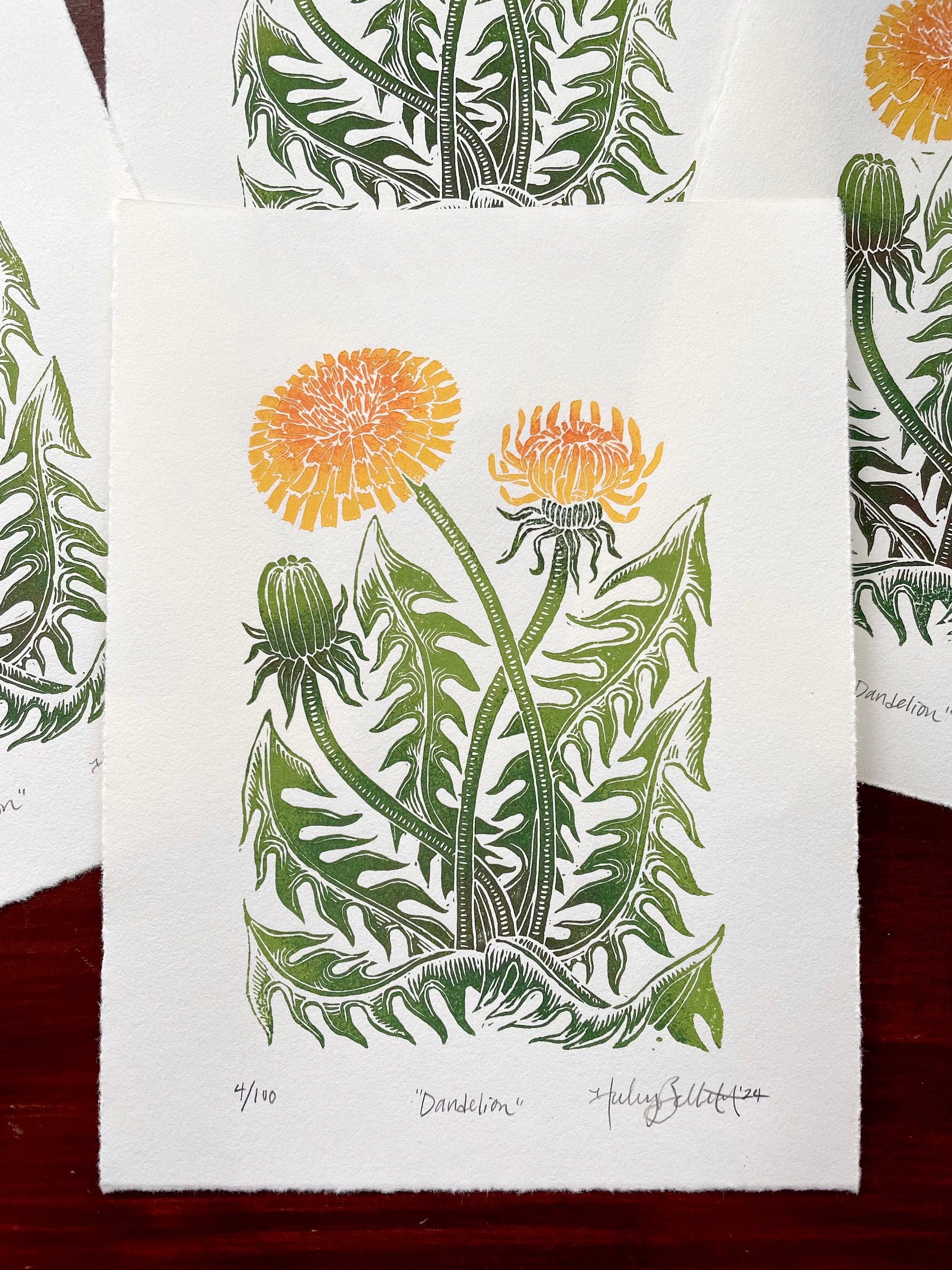 Dandelion Bloom Color Linocut Print | Taraxacum Art Block Print ...