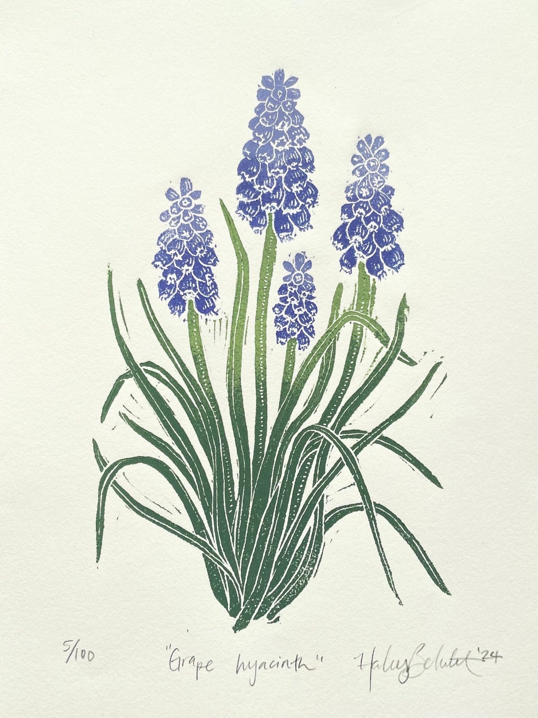 Grape Hyacinth Color Linocut Print | Muscari Art Block Print ...