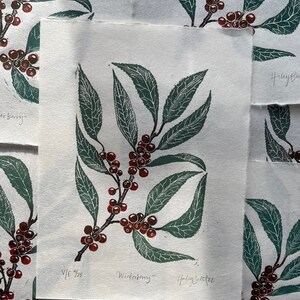 Multicolor Berry Branch Original Linocut Print | Winterberry Relief ...