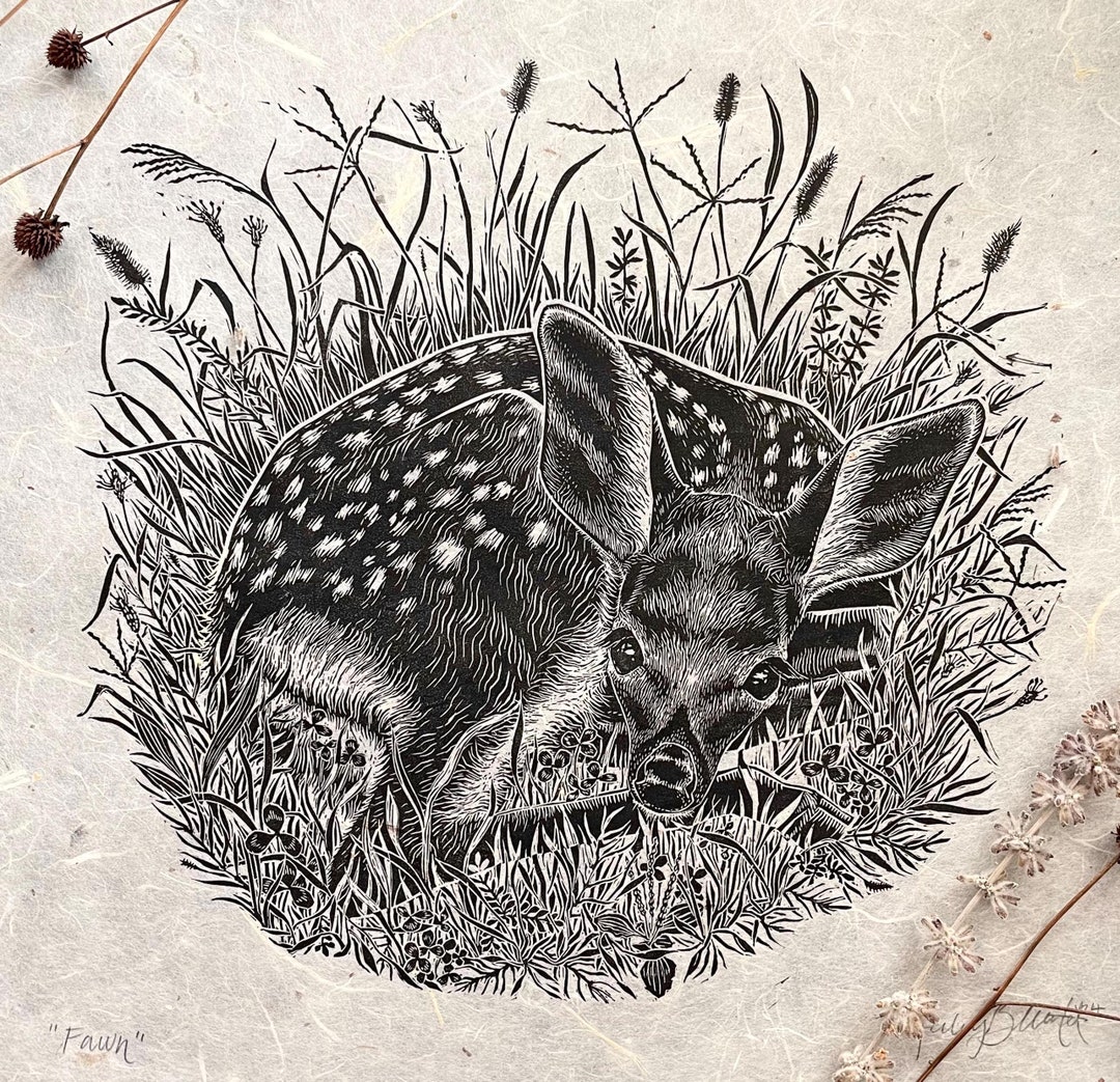 Fawn Linocut 12x12 Large Block Print | Meadow Grass and Baby Deer ...