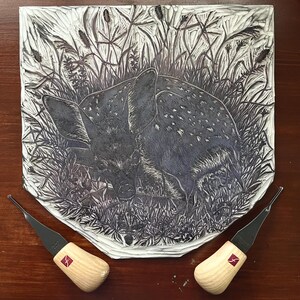 Fawn Linocut 12x12 Large Block Print | Meadow Grass and Baby Deer ...