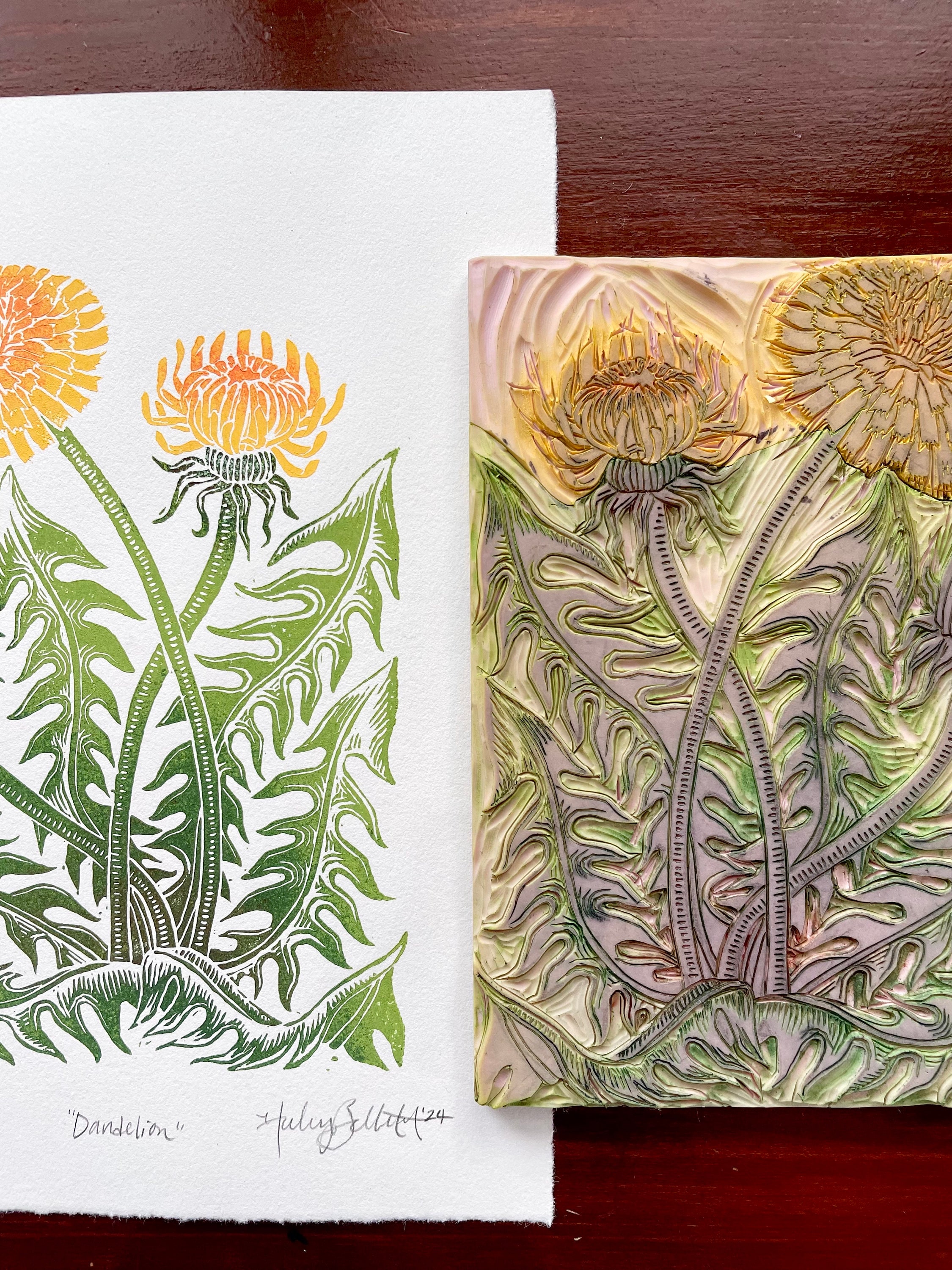 Dandelion Bloom Color Linocut Print | Taraxacum Art Block Print ...
