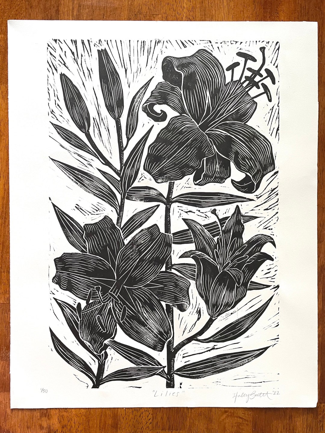 Lilies 16x20 Black and White Linocut Print | Floral Wall Art | B&W ...