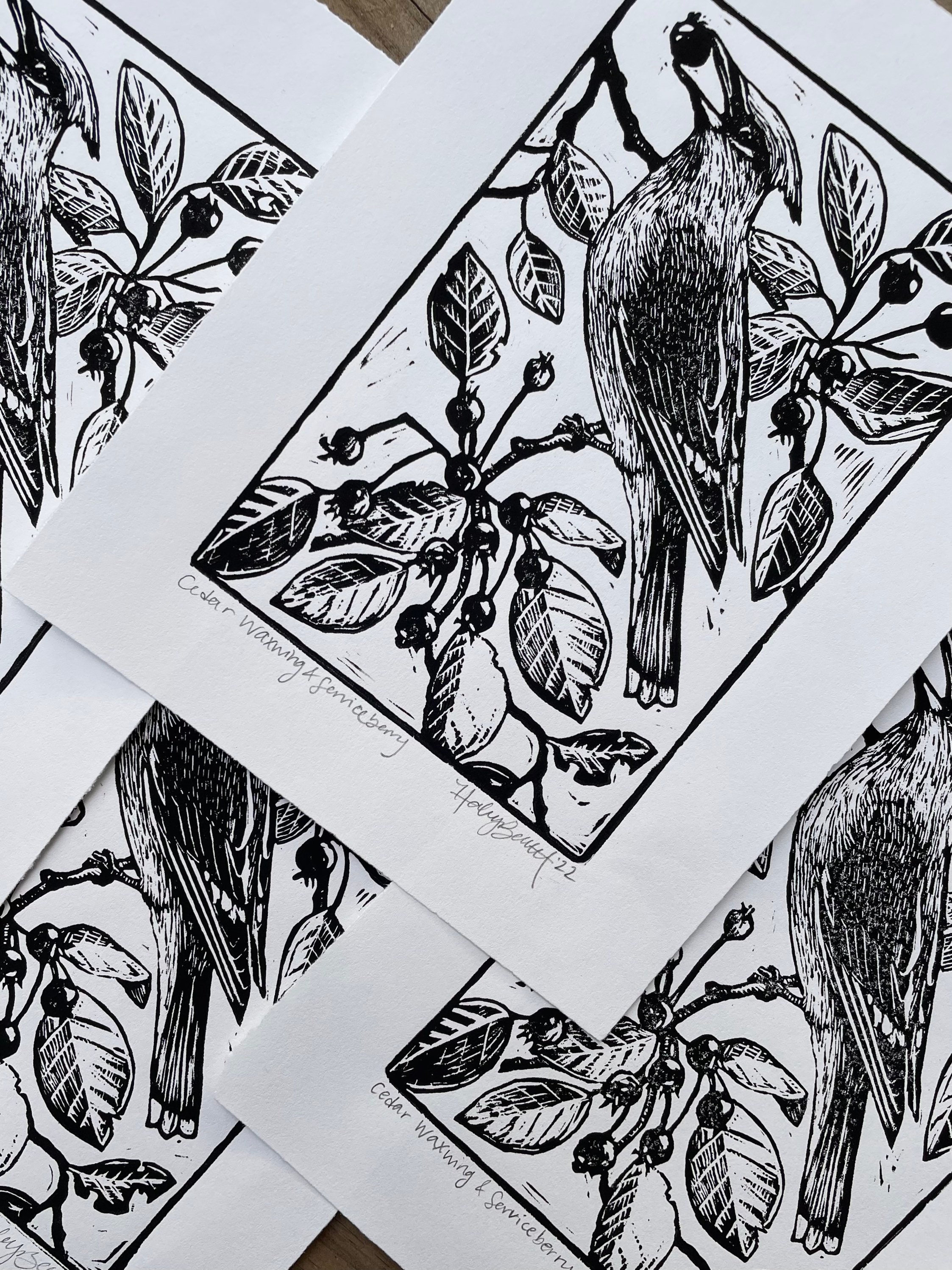 Cedar Waxwing & Serviceberry Original Linocut Print | Bird Art Print ...