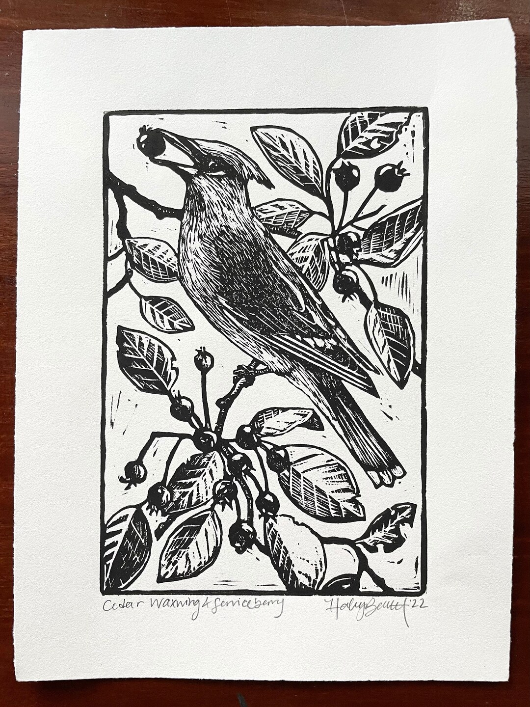 Cedar Waxwing & Serviceberry Original Linocut Print | Bird Art Print ...