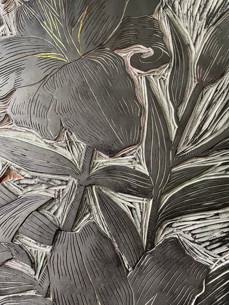 Lilies 16x20 Black and White Linocut Print Floral Wall Art B&W ...