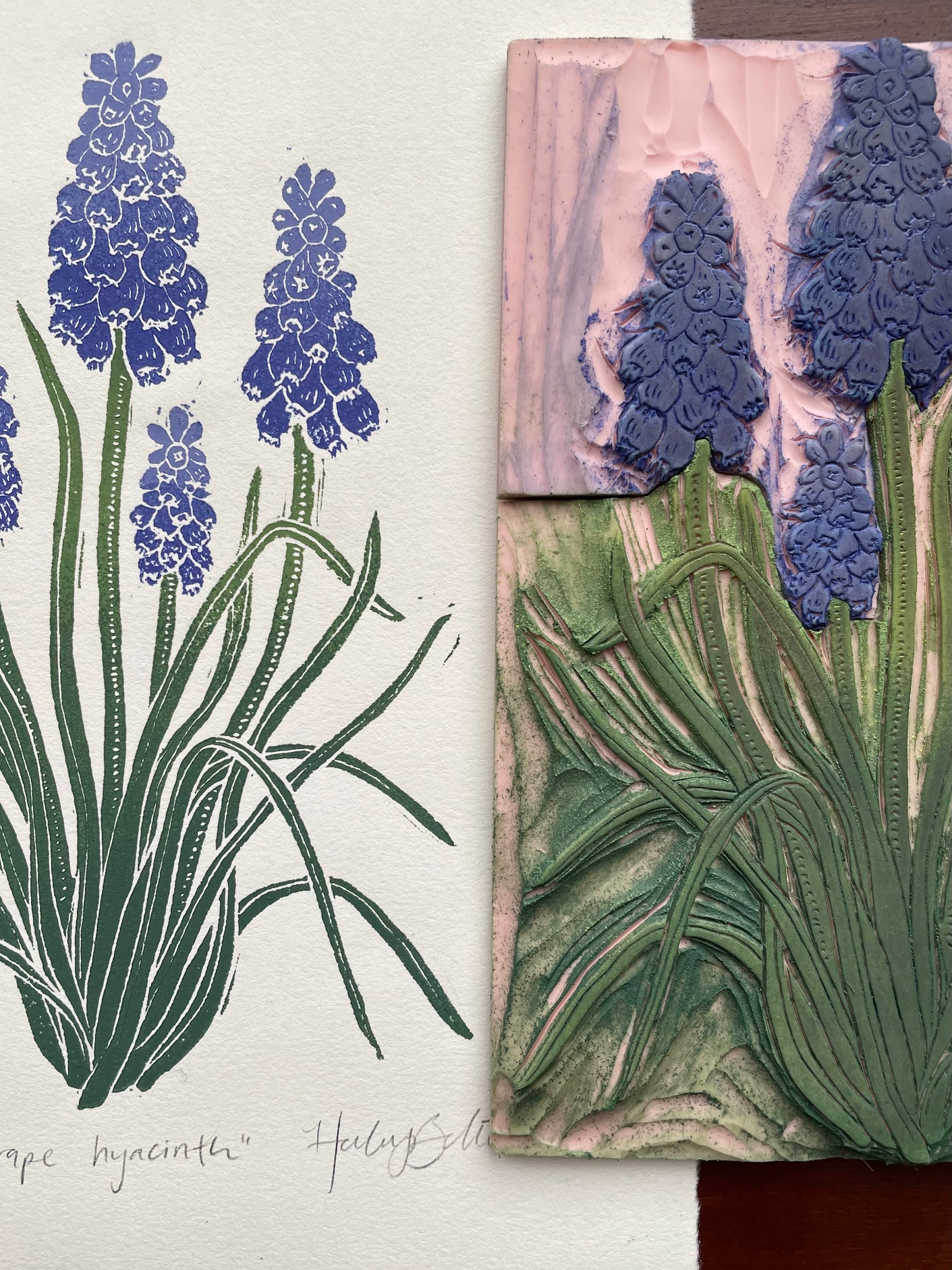 Grape Hyacinth Color Linocut Print | Muscari Art Block Print ...