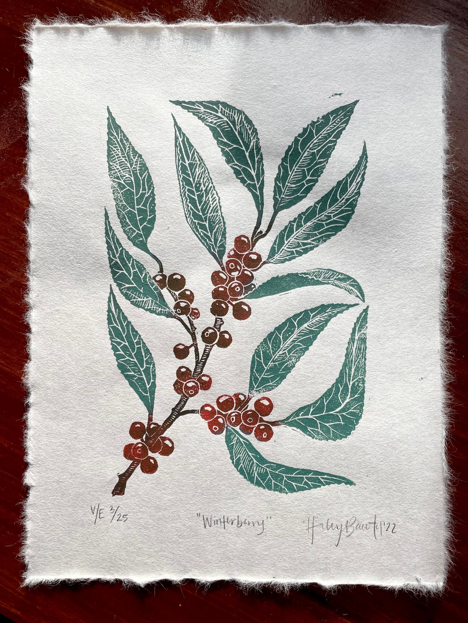 Multicolor Berry Branch Original Linocut Print | Winterberry Relief ...