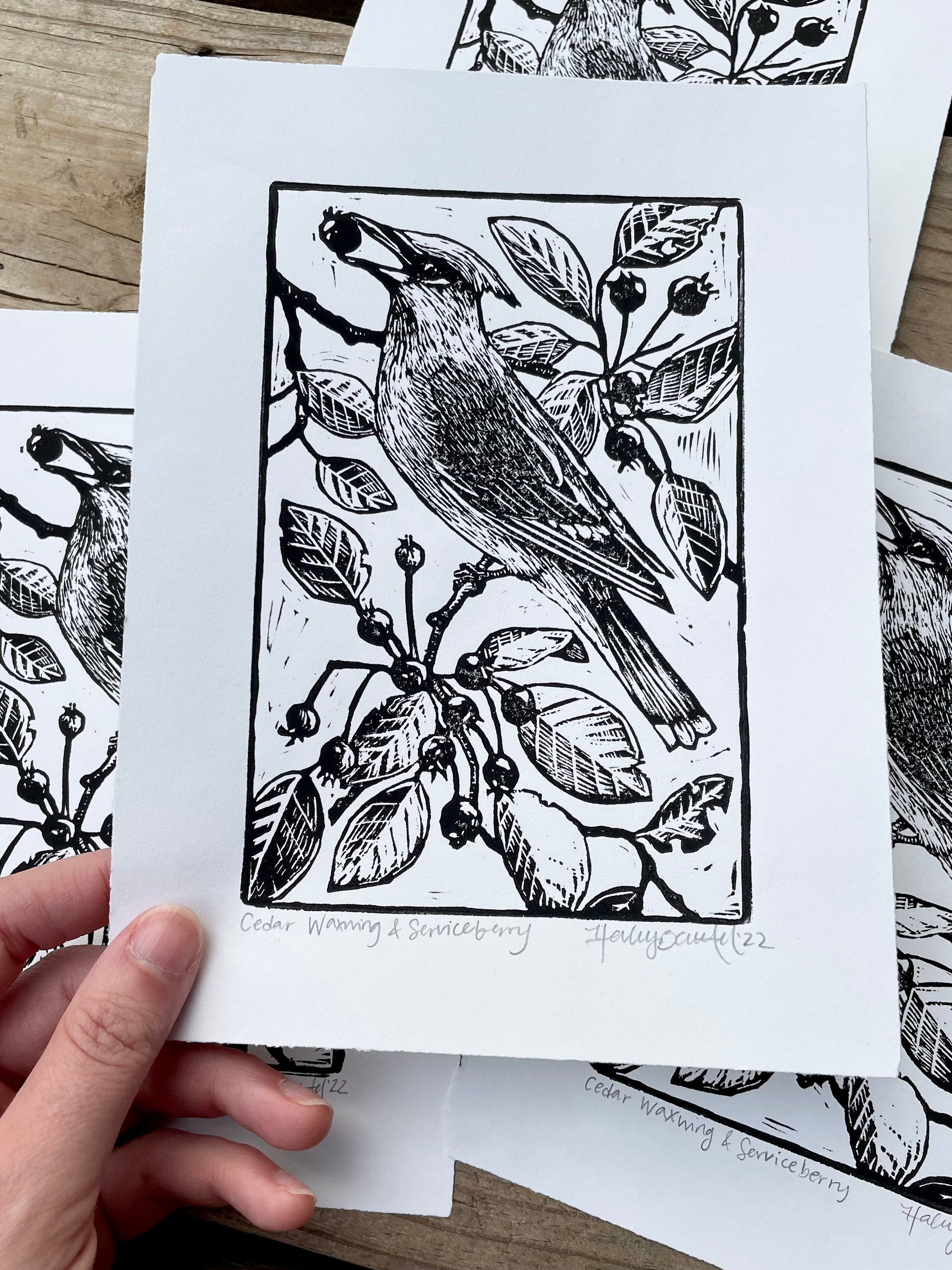 Cedar Waxwing & Serviceberry Original Linocut Print | Bird Art Print ...